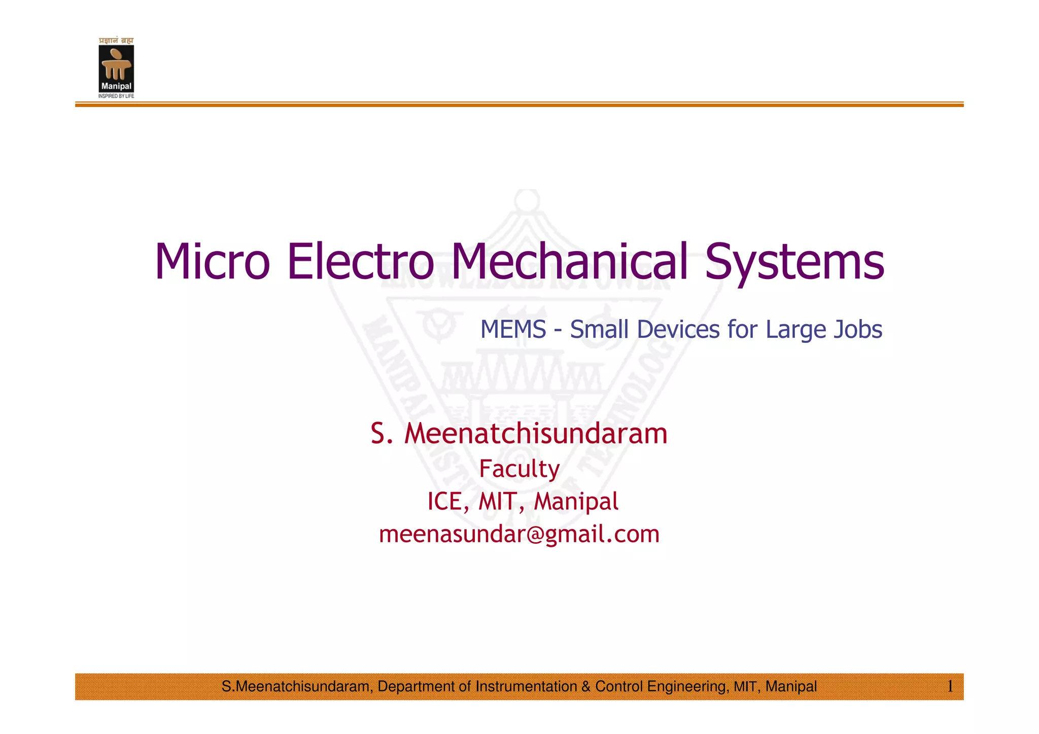 Micro Electro Mechanical Systems (MEMS) Class Materials - Lecture 01 | PDF