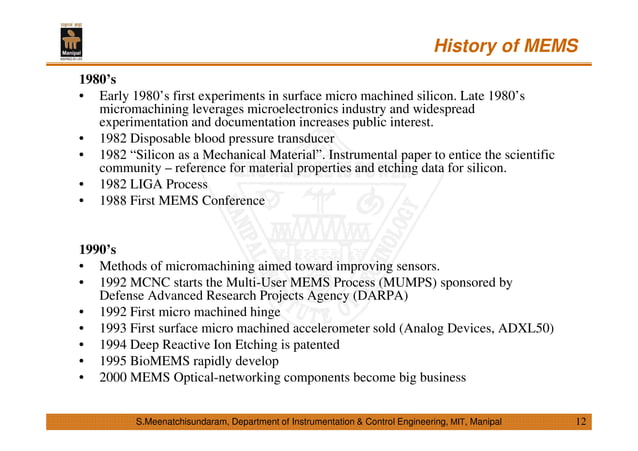 Micro Electro Mechanical Systems (MEMS) Class Materials - Lecture 01 | PPT
