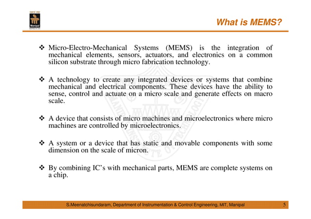 Micro Electro Mechanical Systems (MEMS) Class Materials - Lecture 01 | PPT