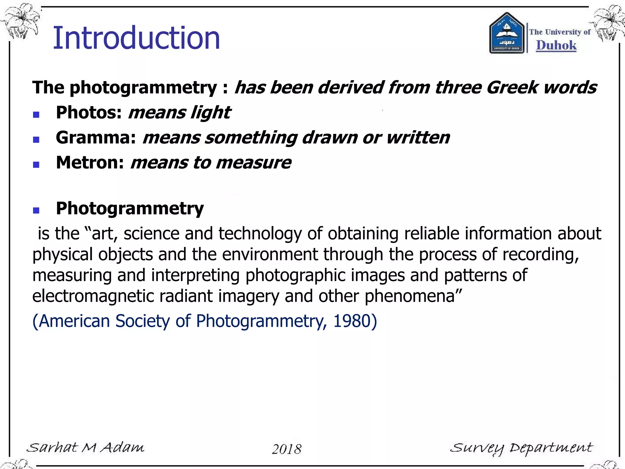 Lecture01: Introduction to Photogrammetry | PDF
