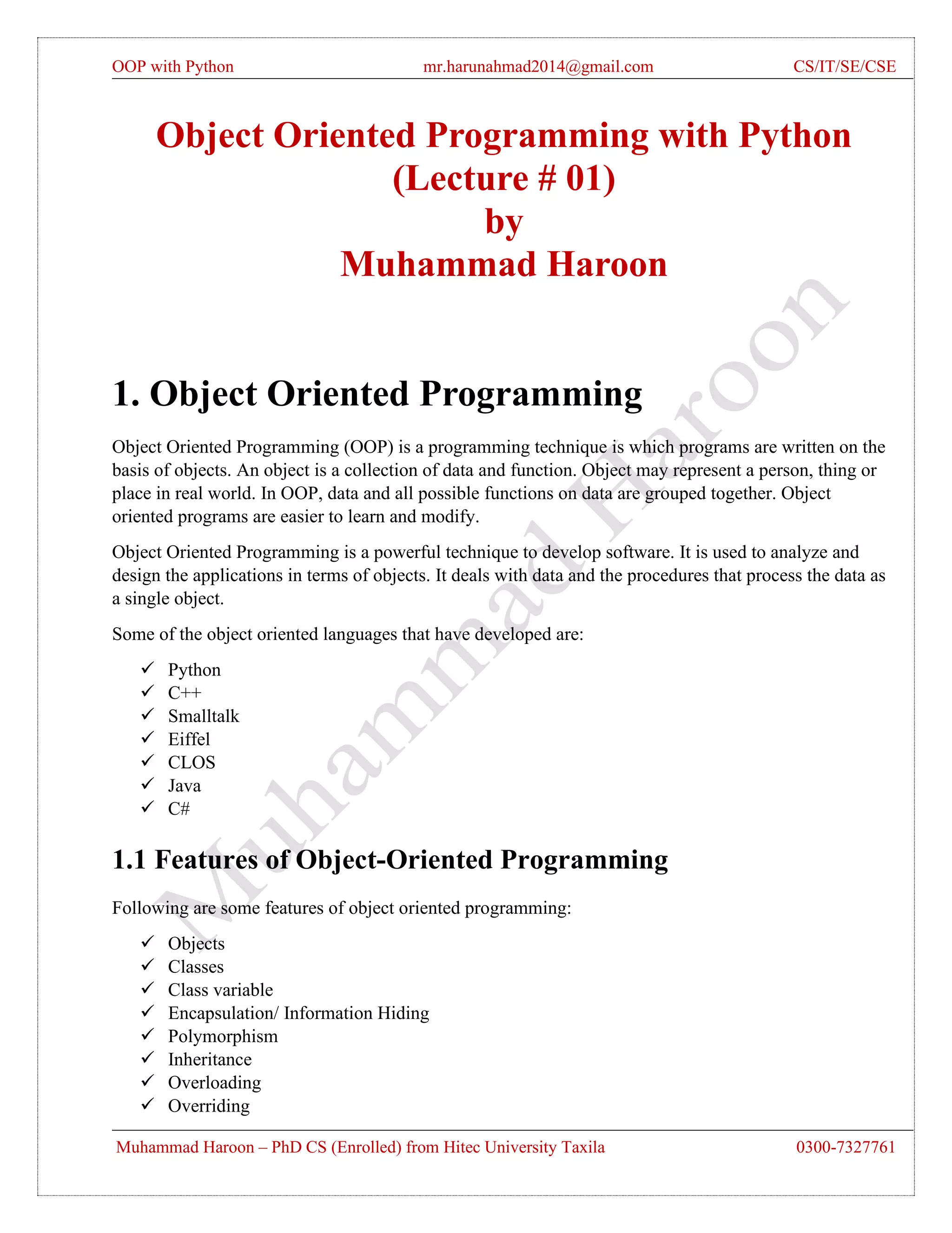 Lecture 01 - Basic Concept About OOP With Python | PDF Lecture 01 - Basic Concept About OOP With Python | PDF