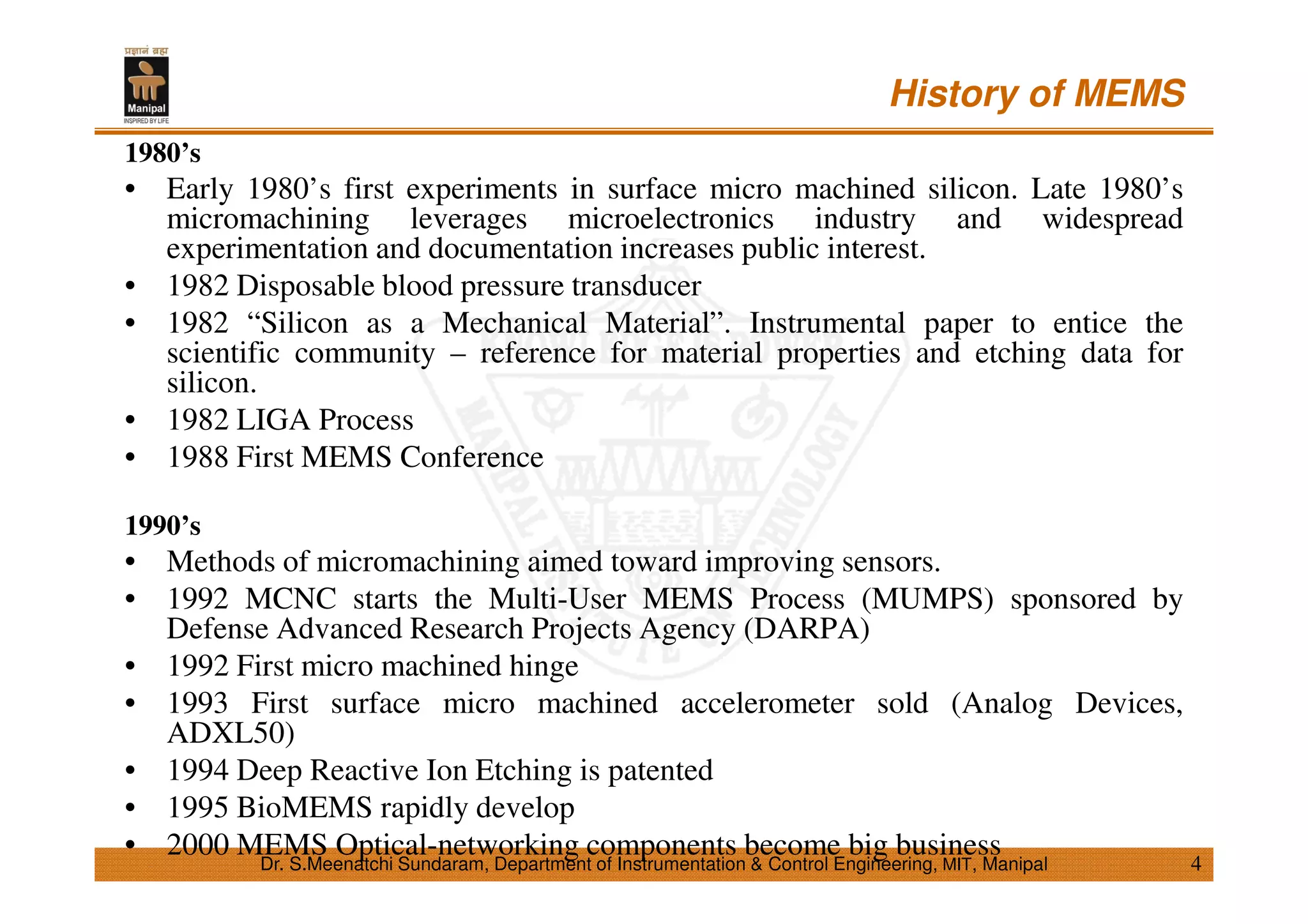 Lecture 02 history & characteristics of mems | PDF