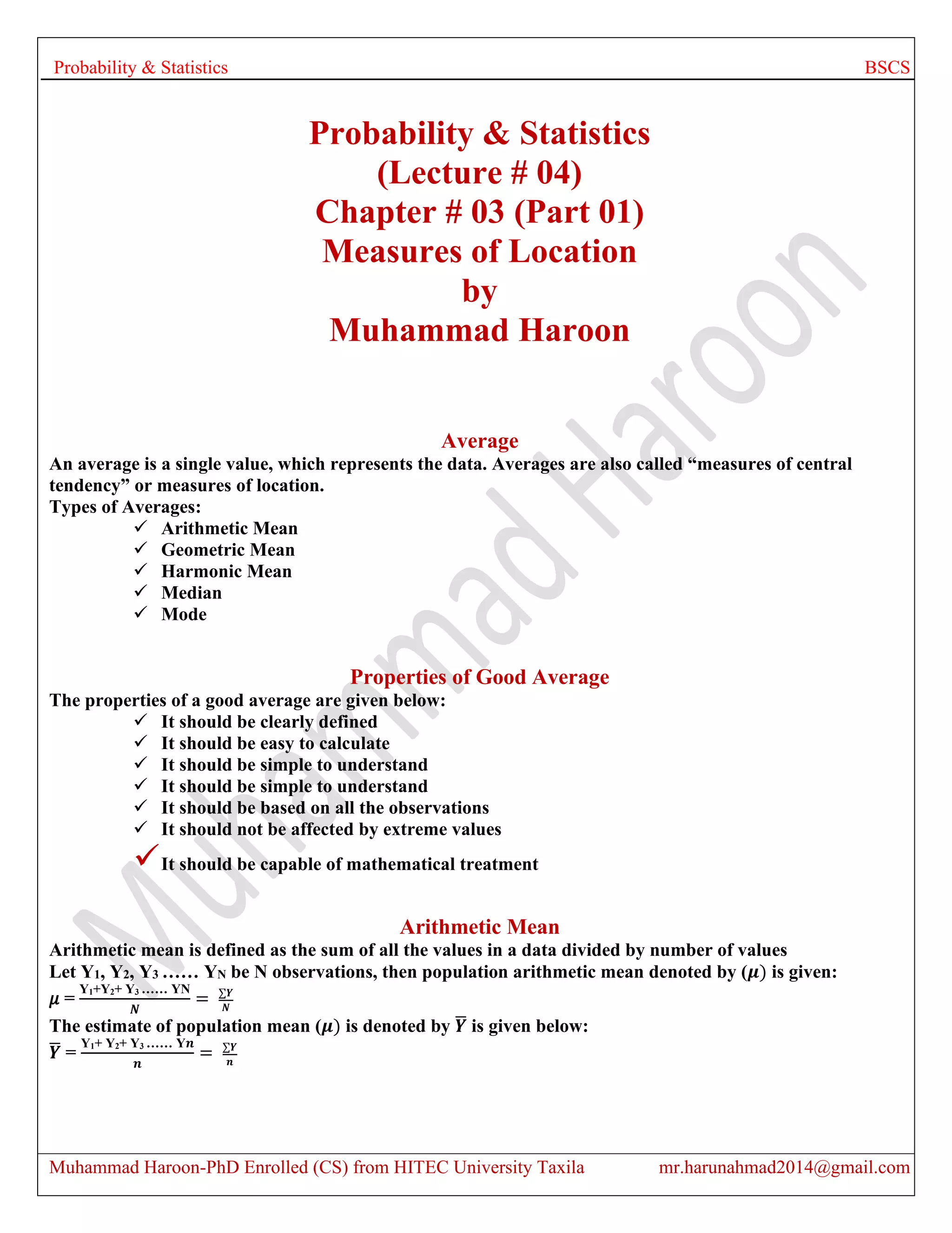 Lecture 04 (Part 01) - Measure of Location | PDF Lecture 04 (Part 01) - Measure of Location | PDF