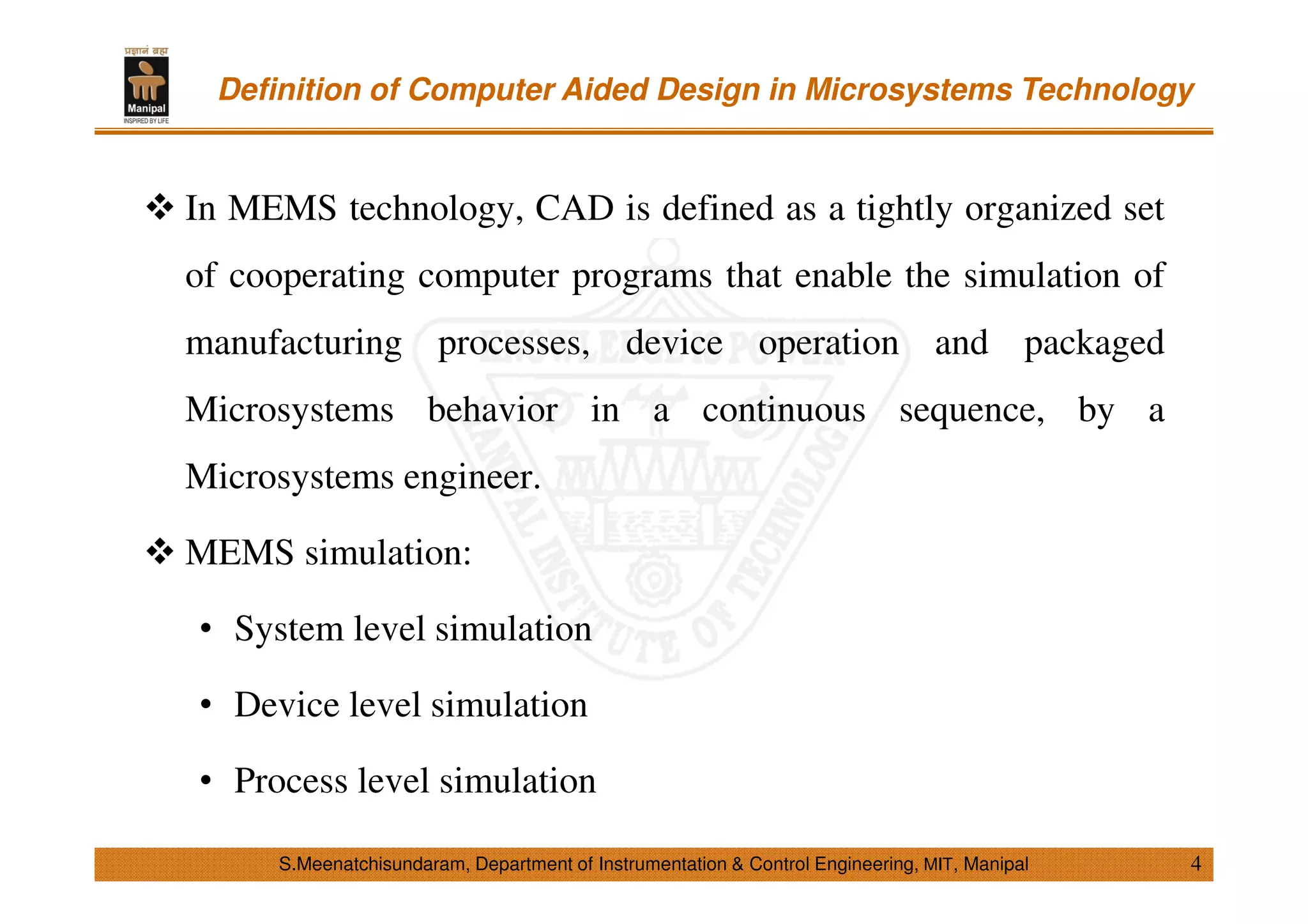 Micro Electro Mechanical Systems (MEMS) - Lecture 05 | PPT