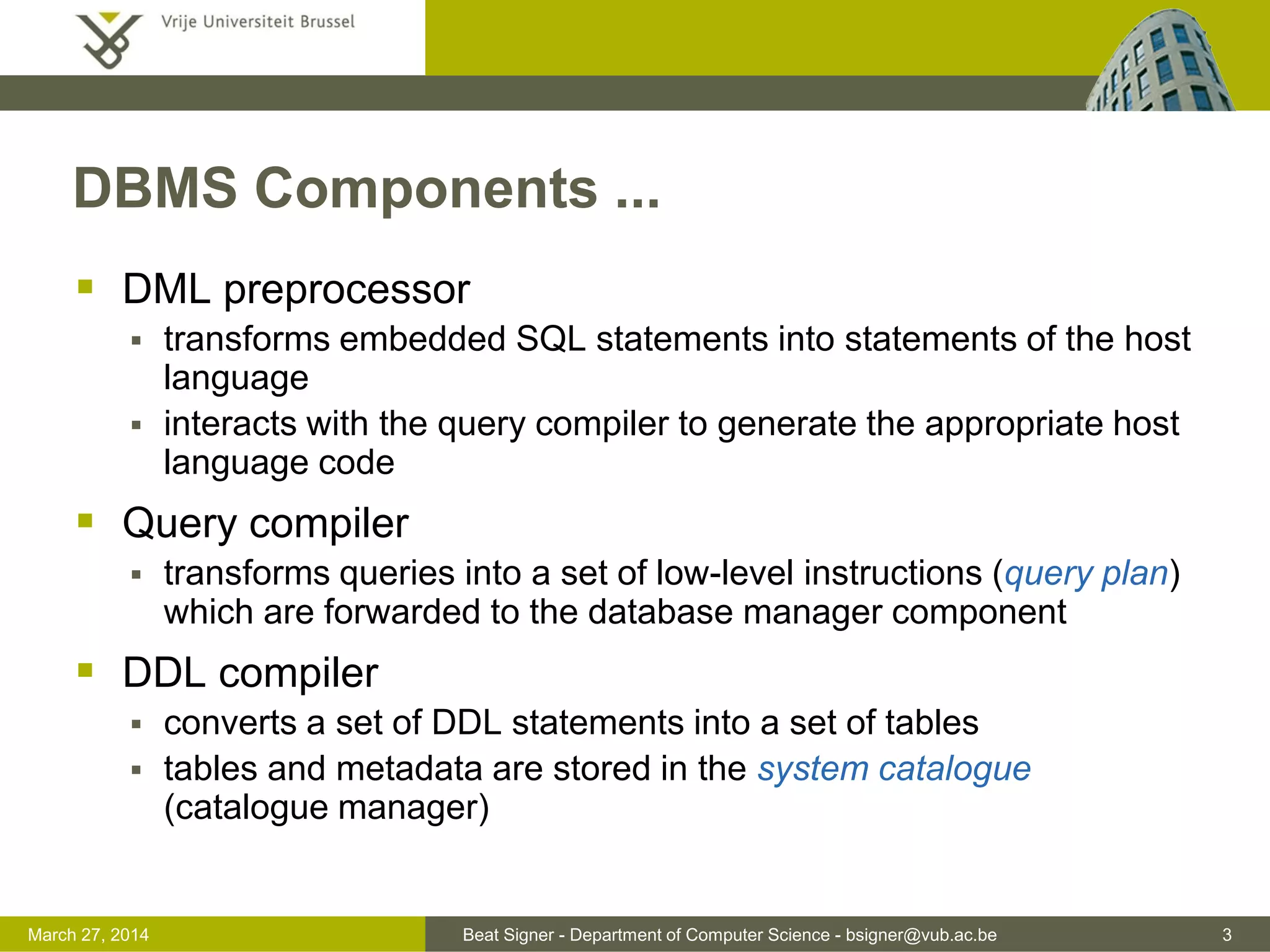 DBMS Architectures and Features - Lecture 7 - Introduction to Databases (1007156ANR) | PPT