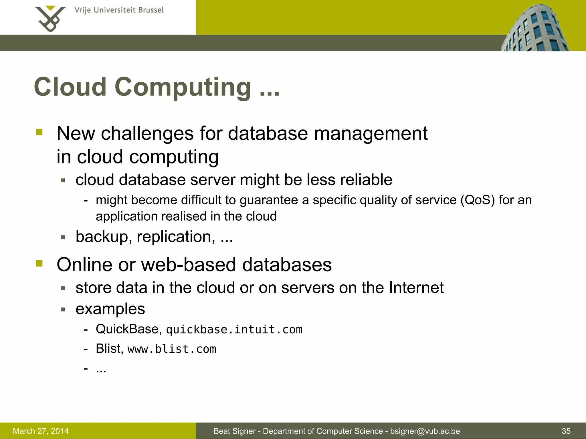 DBMS Architectures and Features - Lecture 7 - Introduction to Databases (1007156ANR) | PPT