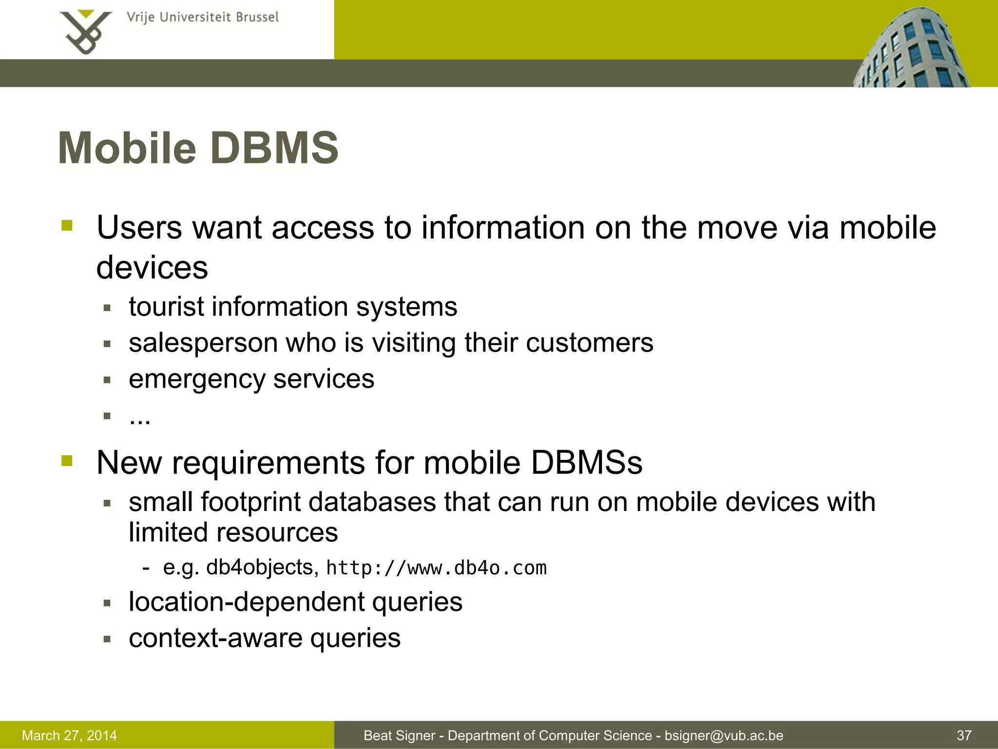 DBMS Architectures and Features - Lecture 7 - Introduction to Databases (1007156ANR) | PPT