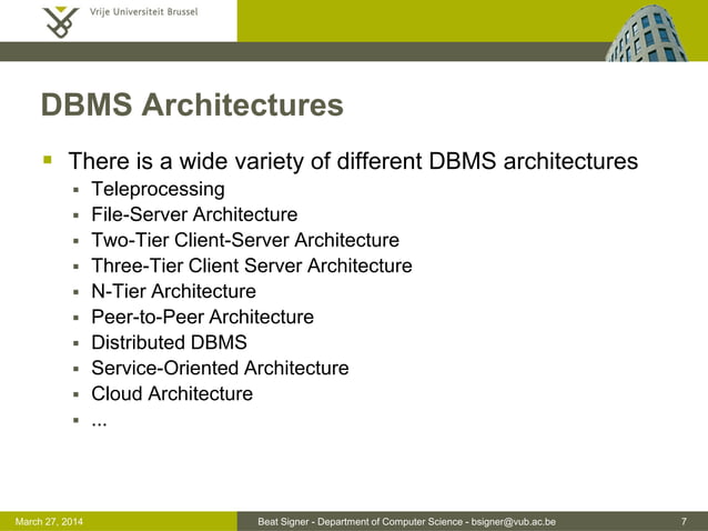 Dbms Architectures And Features Lecture 7 Introduction To Databases 1007156anr Ppt