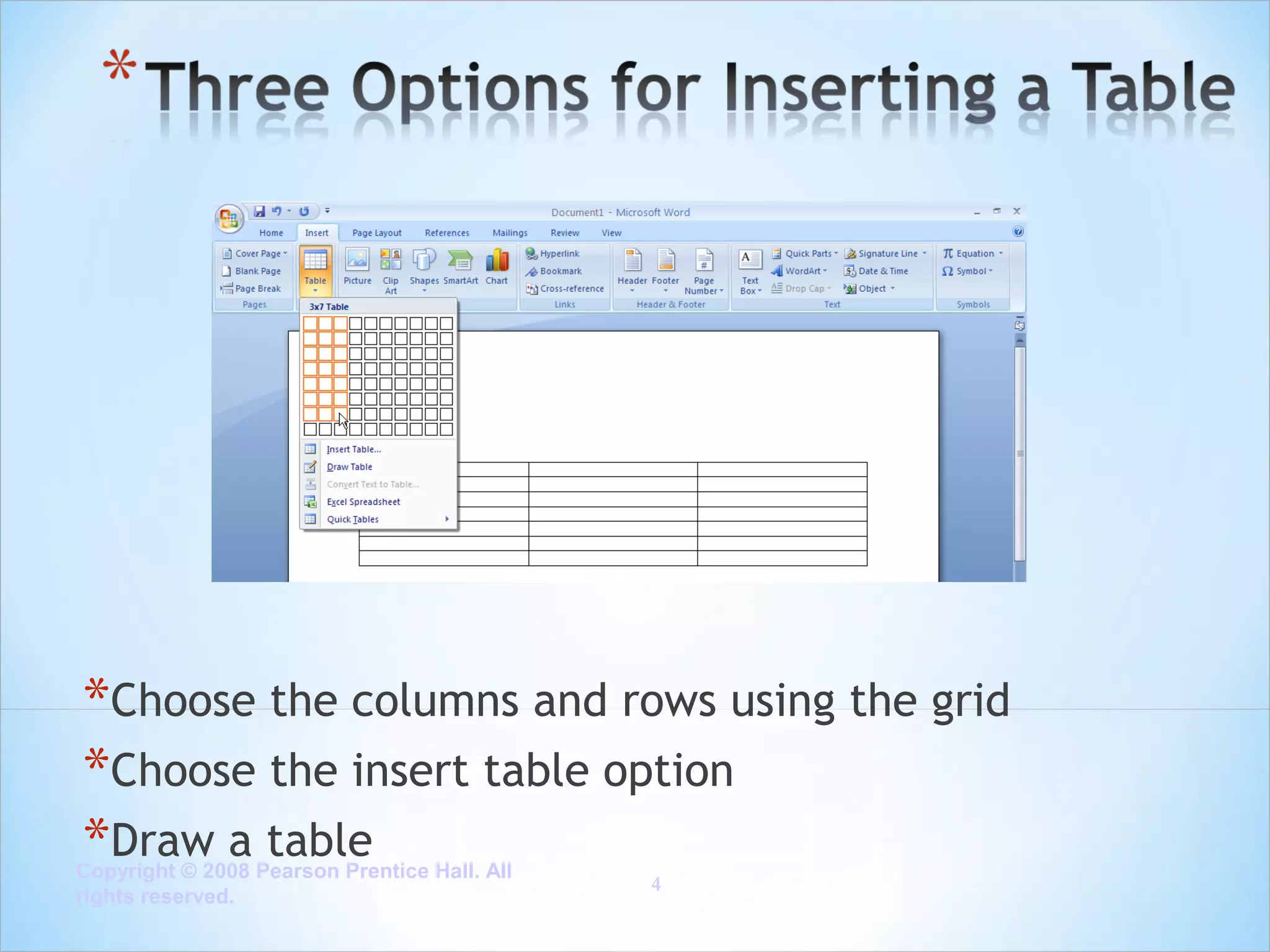 MS Word 2007 insert tables | PPT