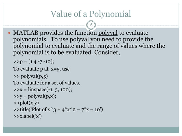 Polynomials and Curve Fitting in MATLAB | PPT