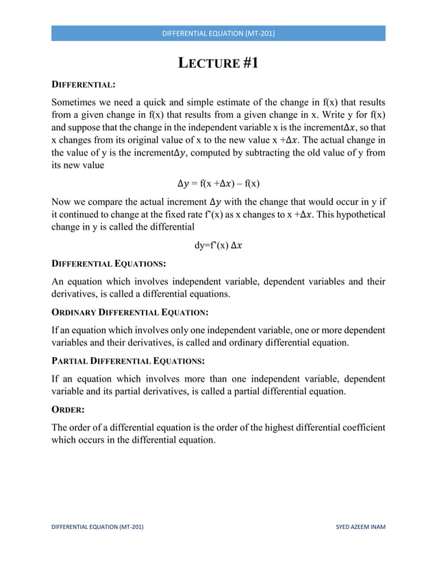 DIFFERENTIAL EQUATION Lecture #1 | PDF | Physics | Science
