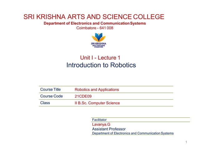 Lecture 1 - Introduction to Robotics.pptx | Robotics | Technology & Computing