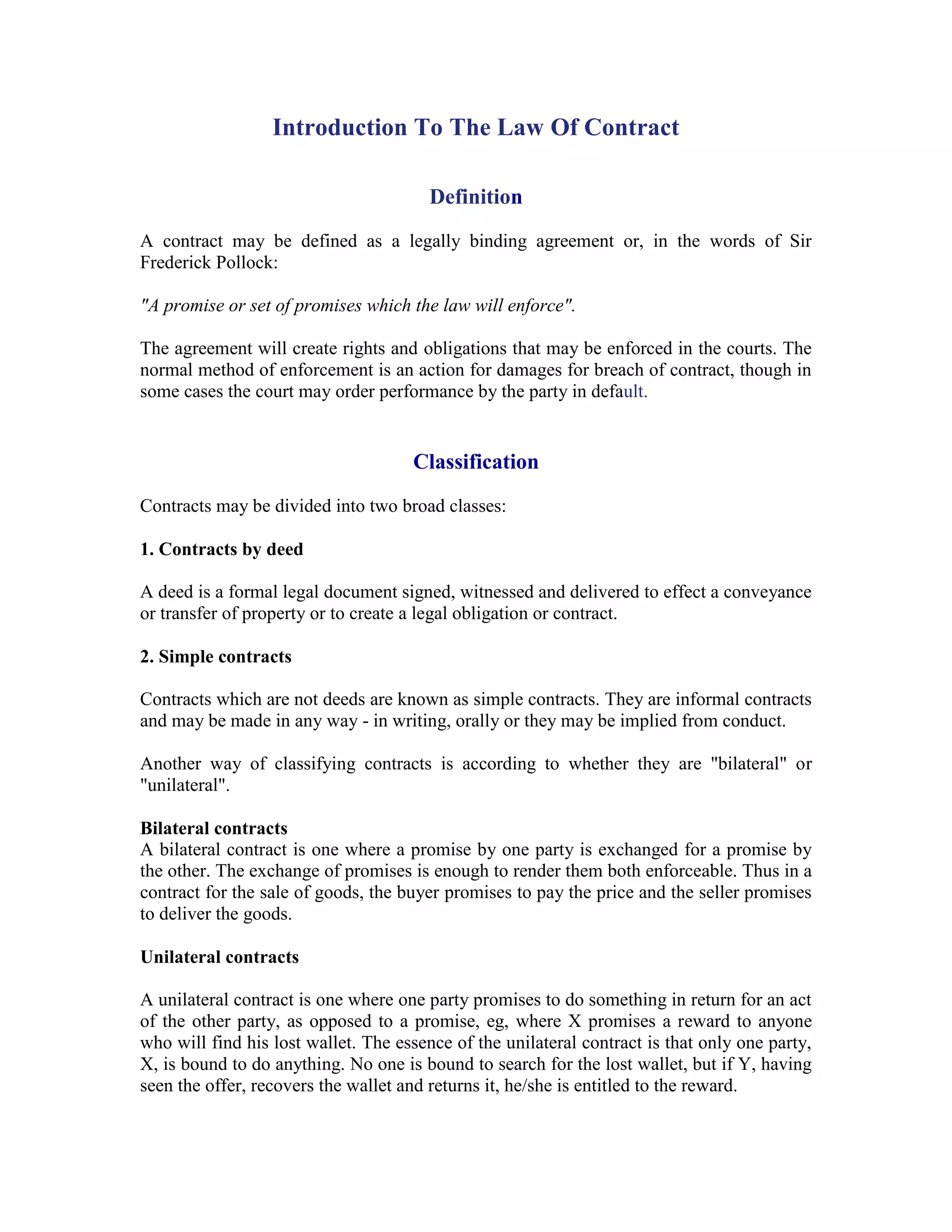 Lecture 1 introduction to the law of contract | DOCX