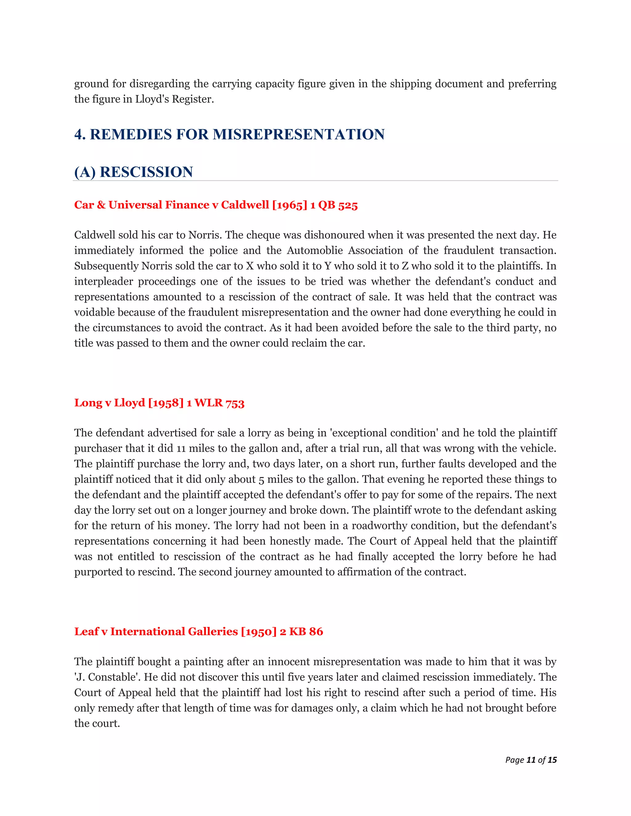 Lecture 11 misrepresentation - cases | DOCX