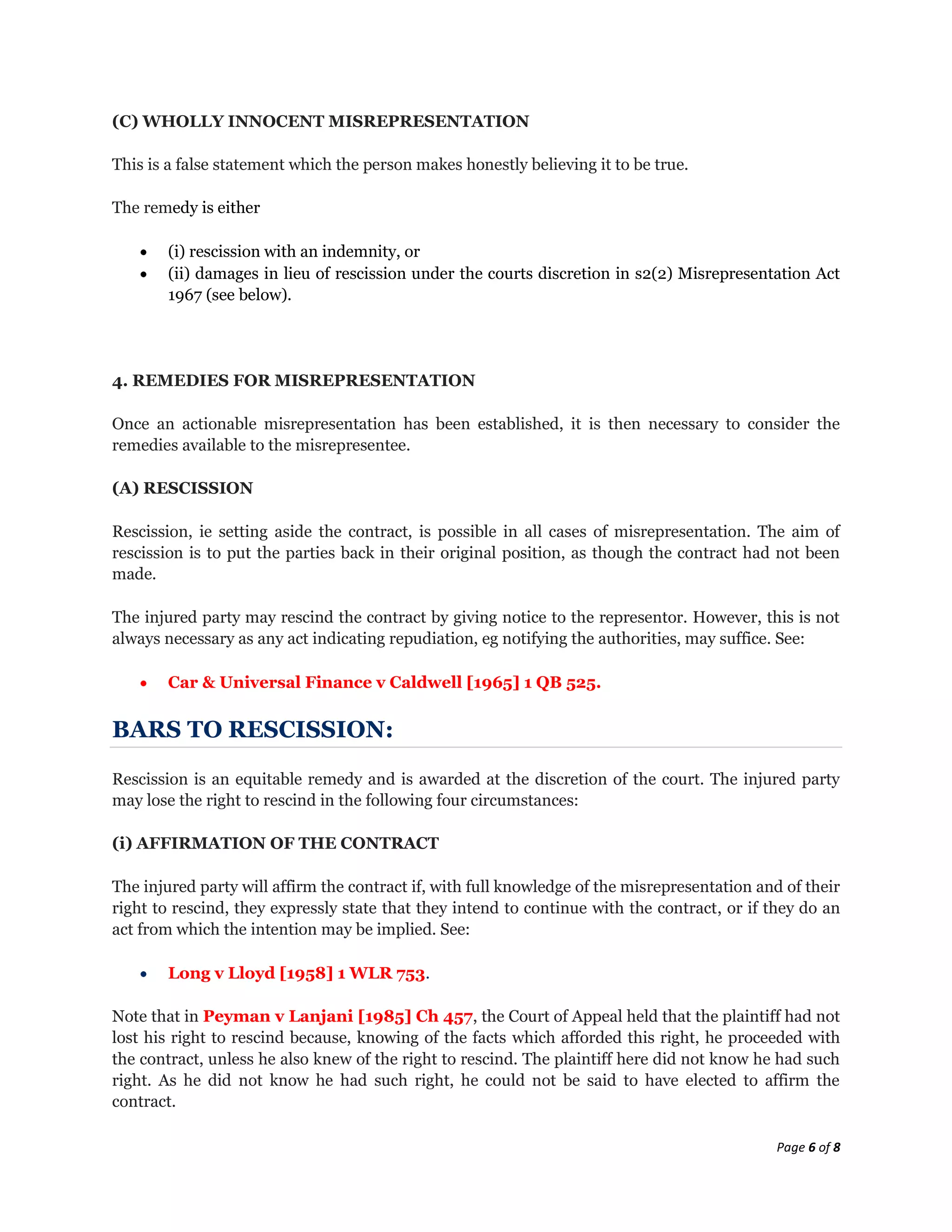 Lecture 11 misrepresentation - notes | DOCX