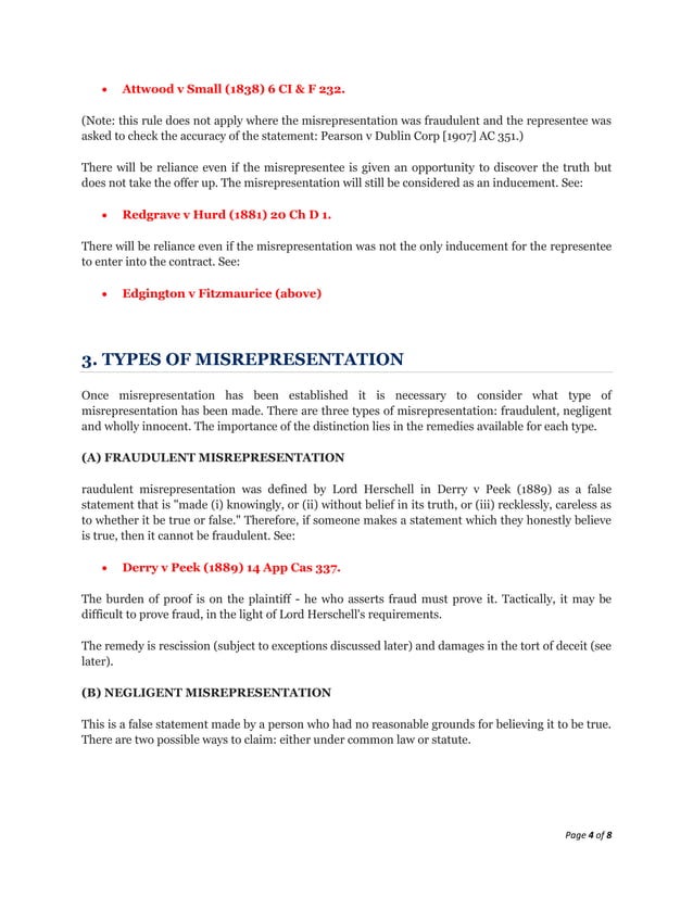 Lecture 11 misrepresentation - notes | DOCX | Law