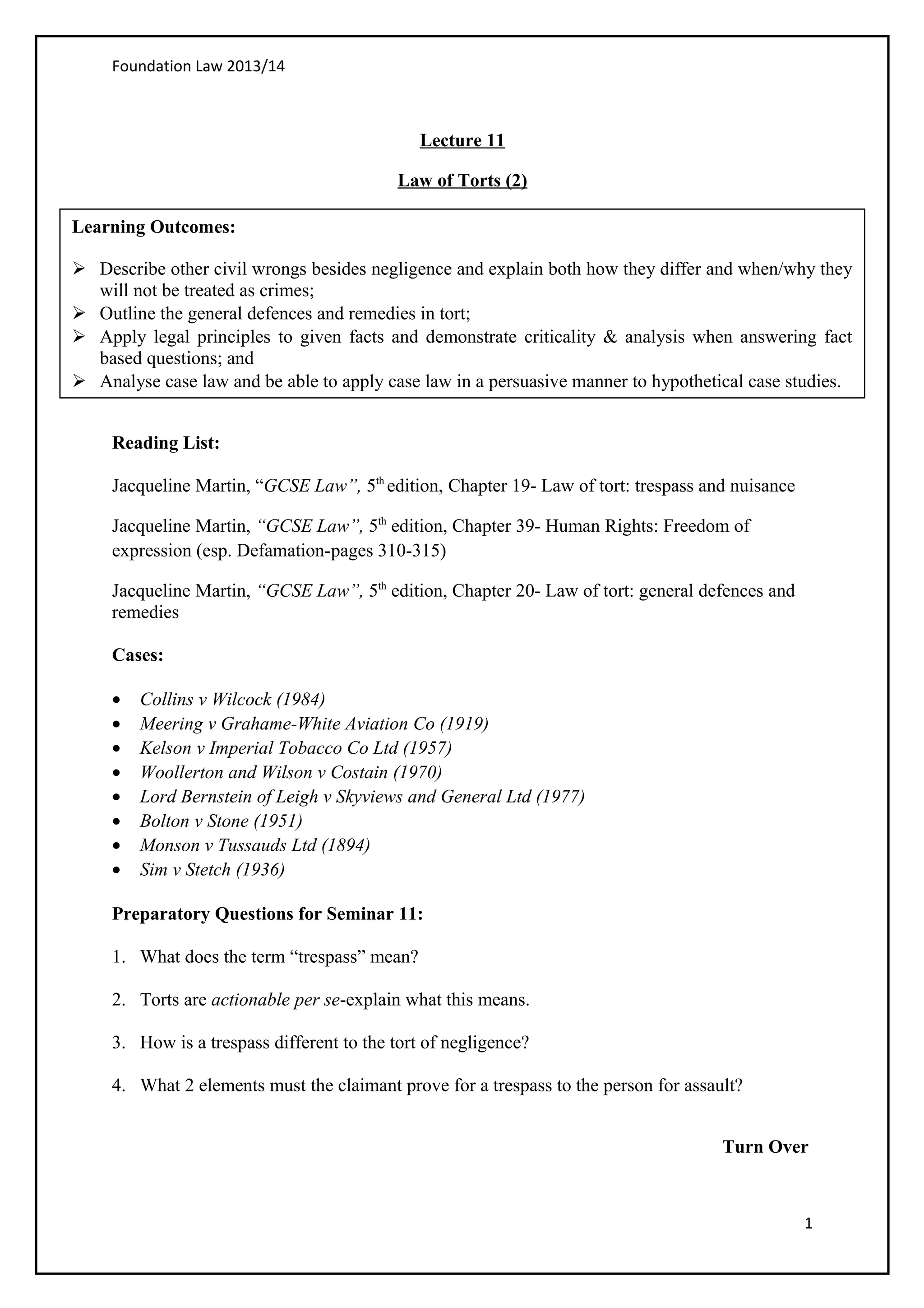 Lecture 11 handout law of torts | DOC | Law