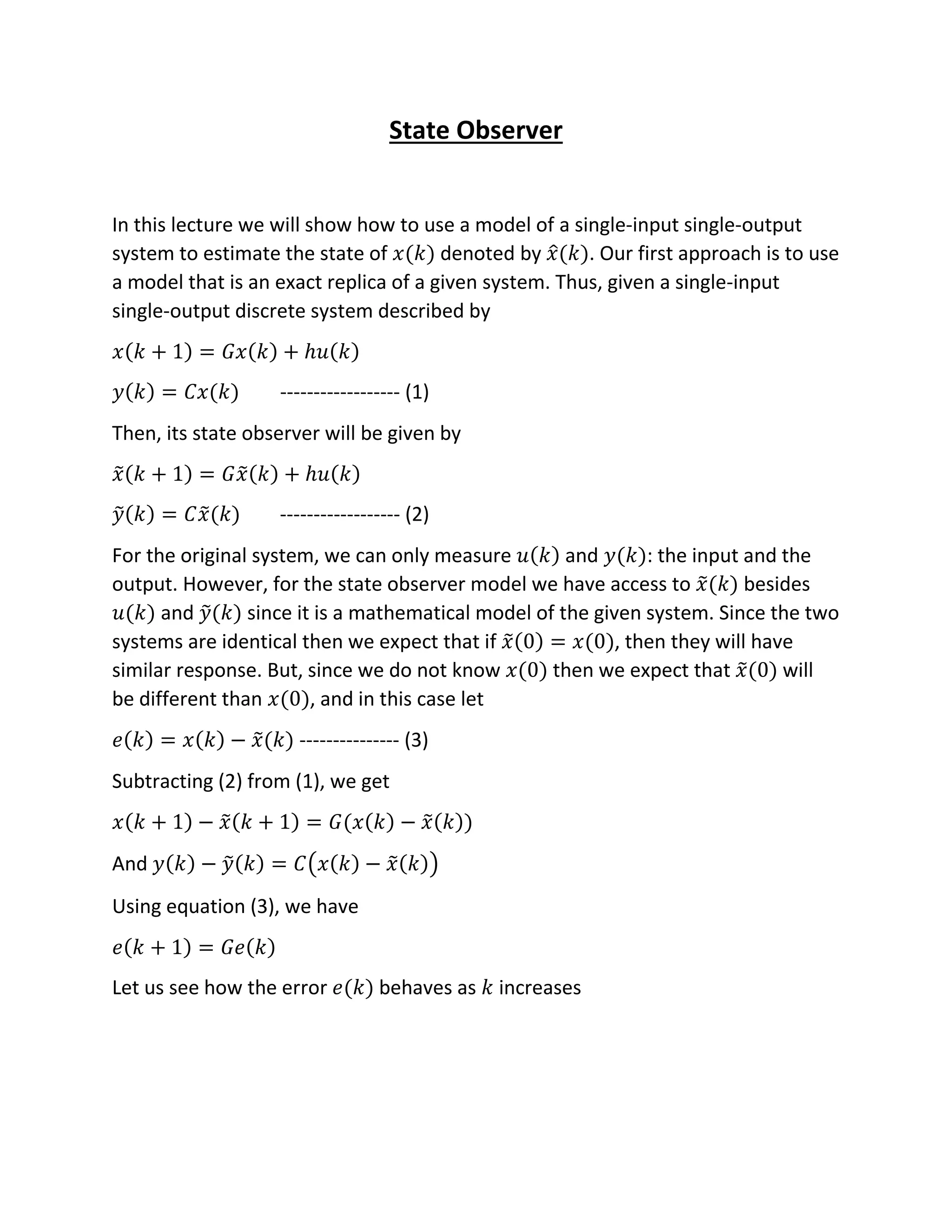 Lecture 11 state observer-2020-typed | PDF