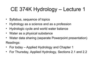 Hydrology-Syllabus, importance, sequence of topics | PPT
