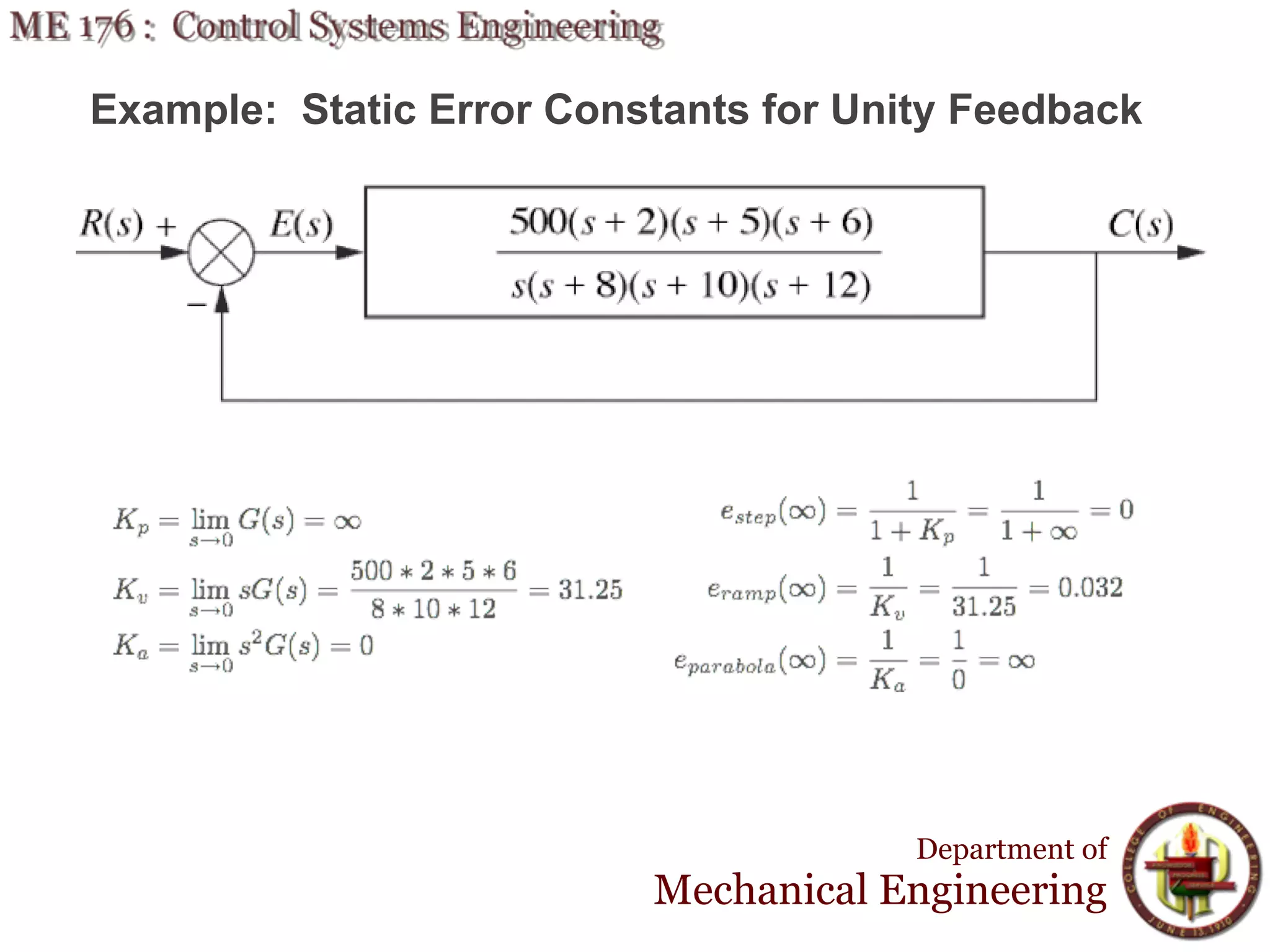 Lecture 12 Me 176 6 Steady State Error Pdf Physics Science