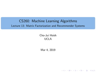 Lecture 13: Matrix Factorization and Recommender Systems | PDF
