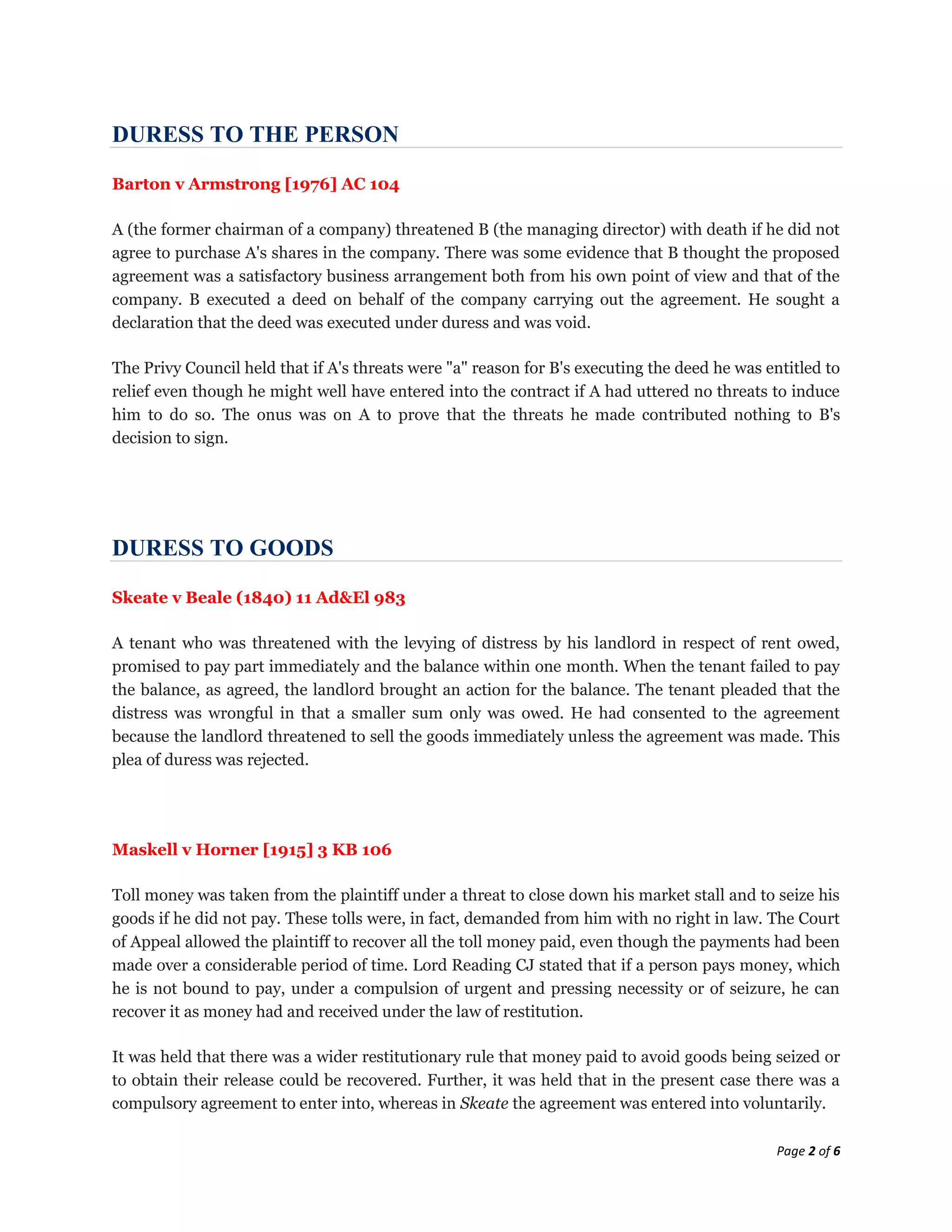 Lecture 13 duress - cases | DOCX
