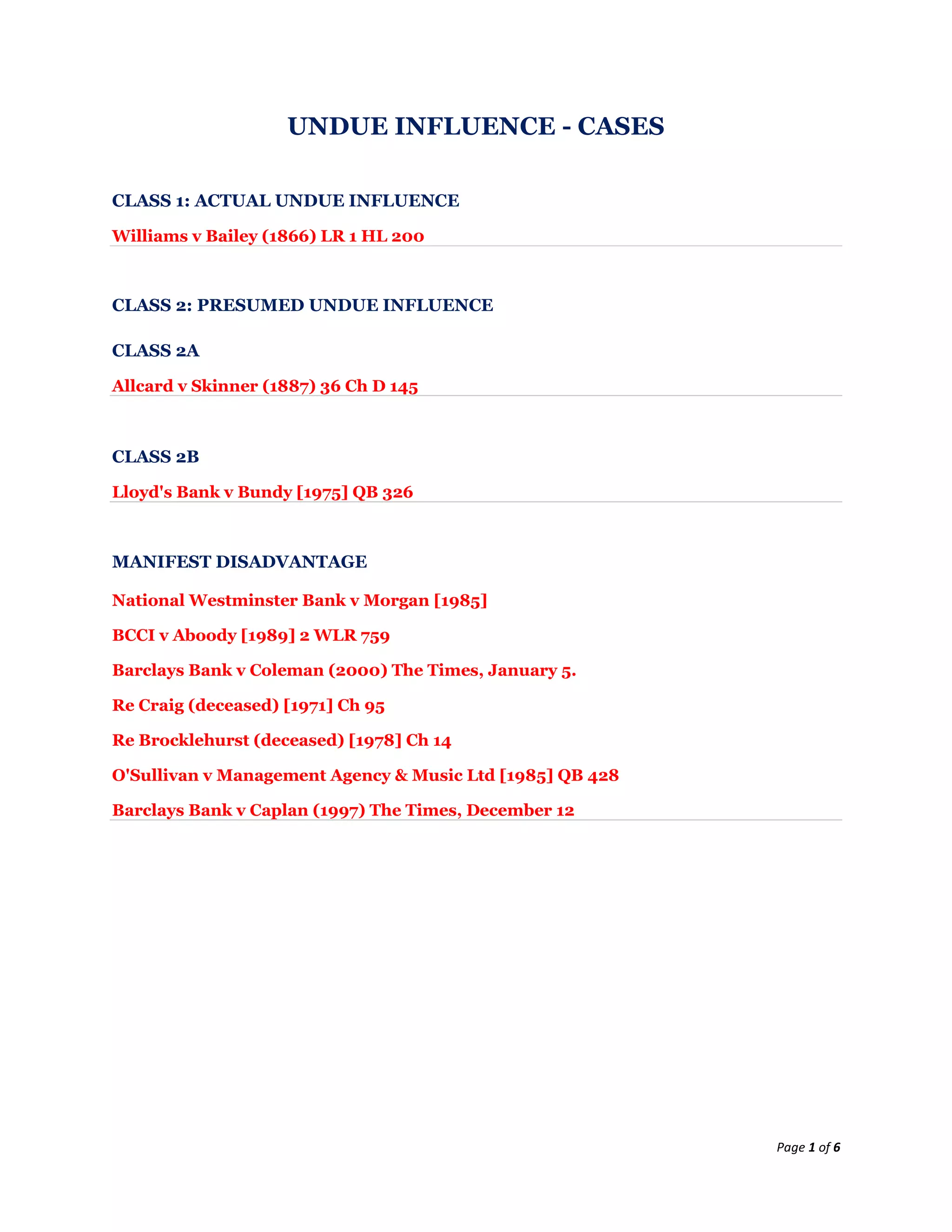Lecture 14 undue influence - cases | DOCX