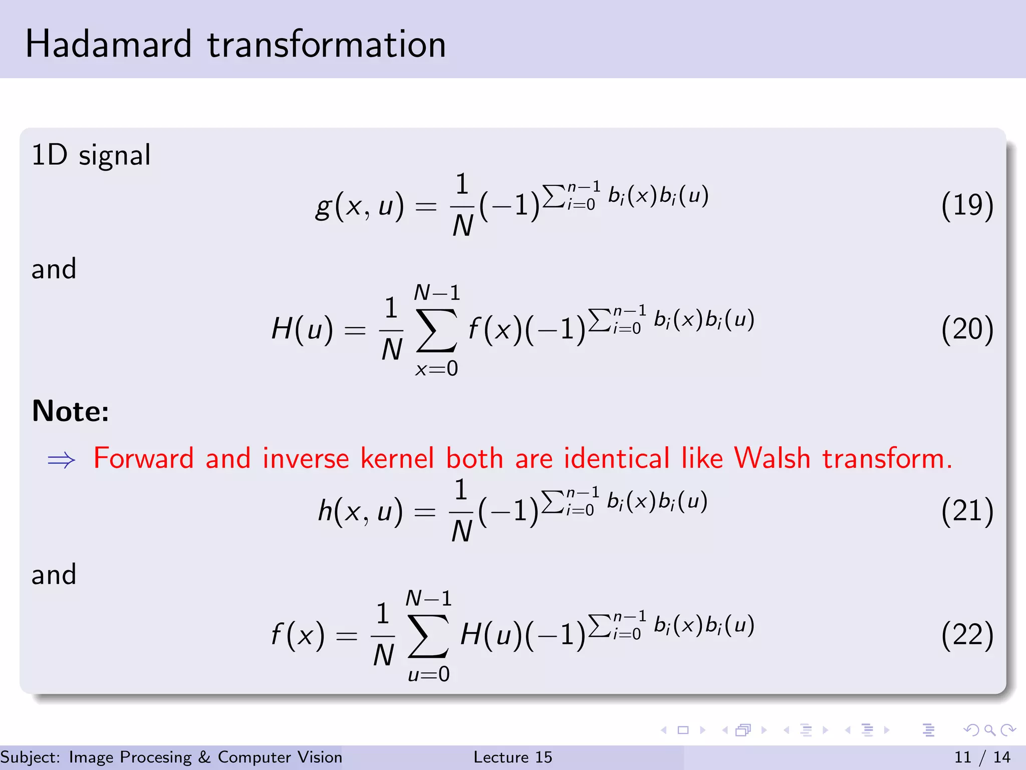 Lecture 15 DCT, Walsh and Hadamard Transform | PDF