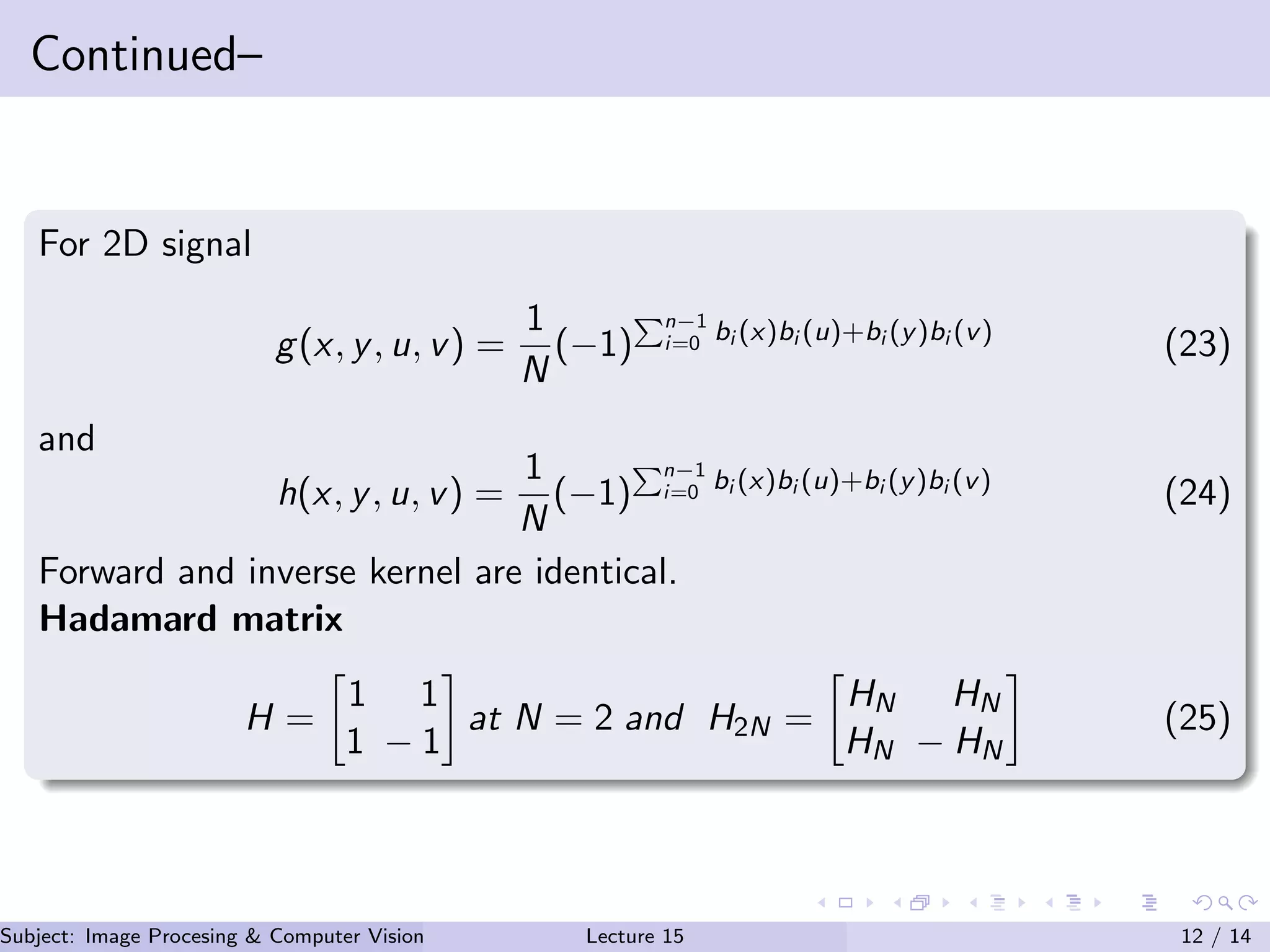 Lecture 15 DCT, Walsh and Hadamard Transform | PDF