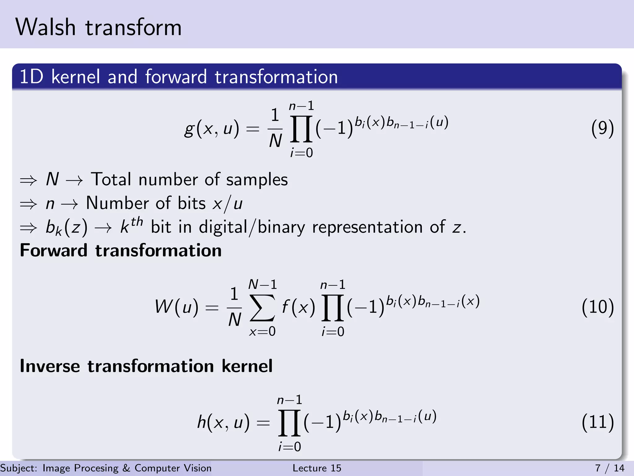 Lecture 15 DCT, Walsh and Hadamard Transform | PDF