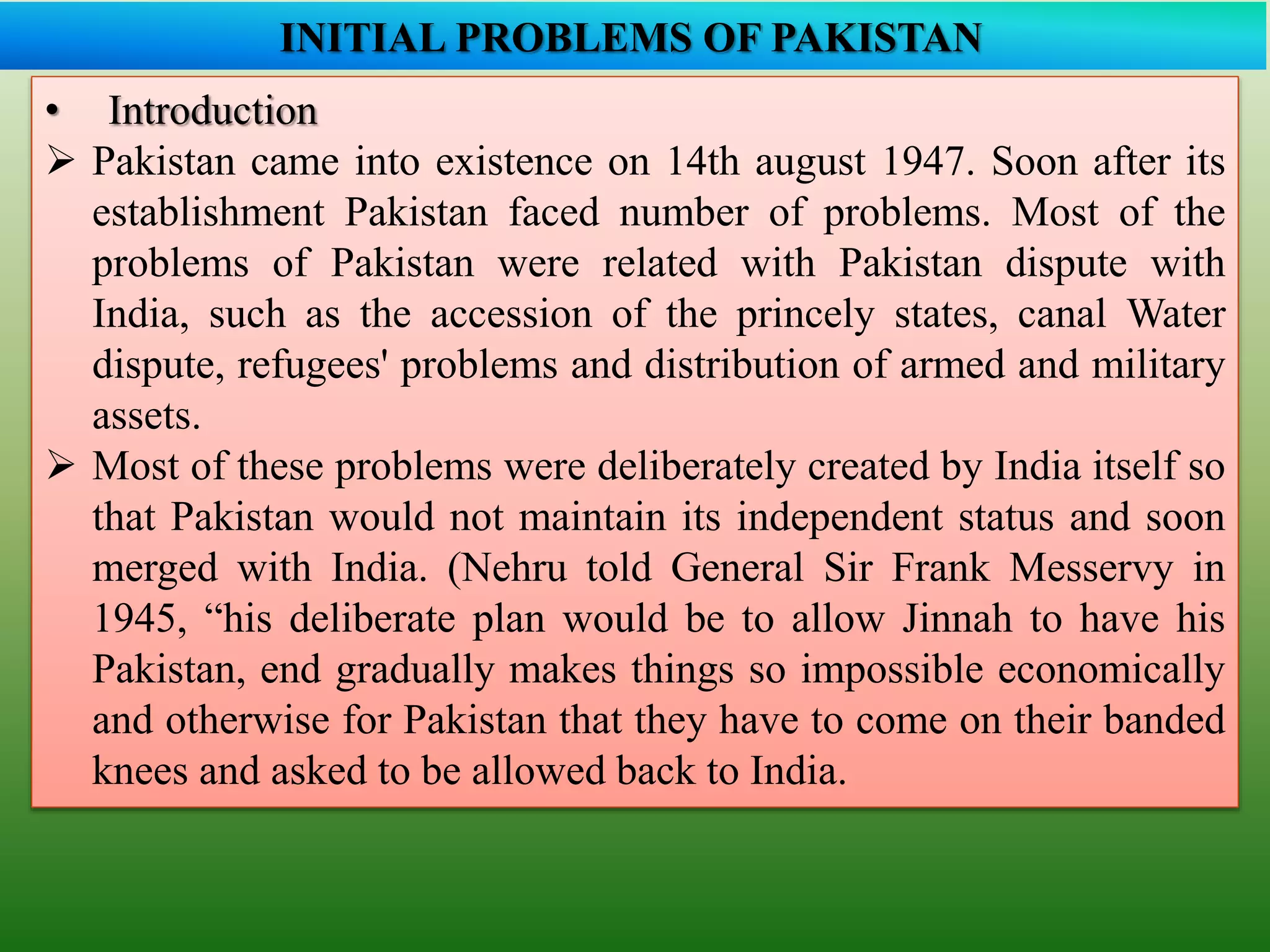 Lecture 15 early problems of pakistan | PPTX