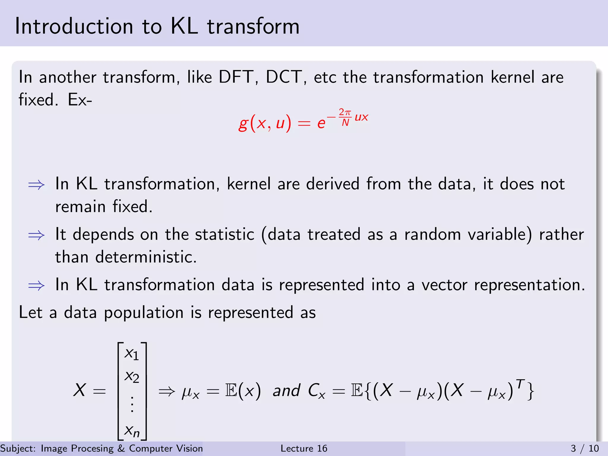 Lecture 16 KL Transform in Image Processing | PDF