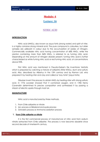 Lecture 16- Manufacture of nitric acid from chile saltpetre or nitrate ...