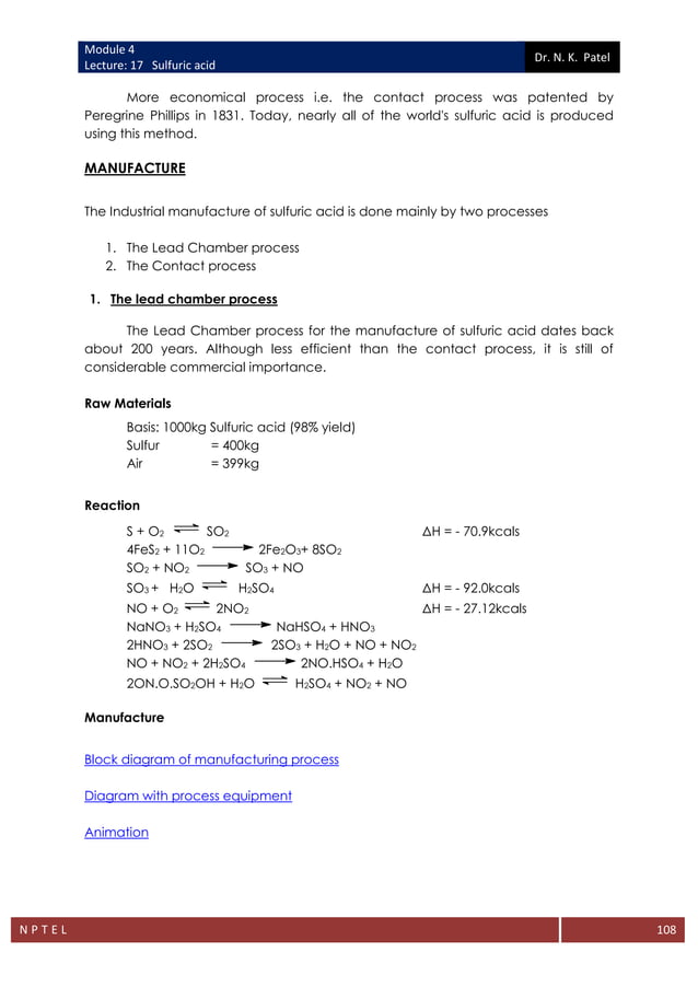 Lecture 17- Manufacturing of Sulfuric acid by Chamber process H2SO4.pdf | Indoor Environmental ...