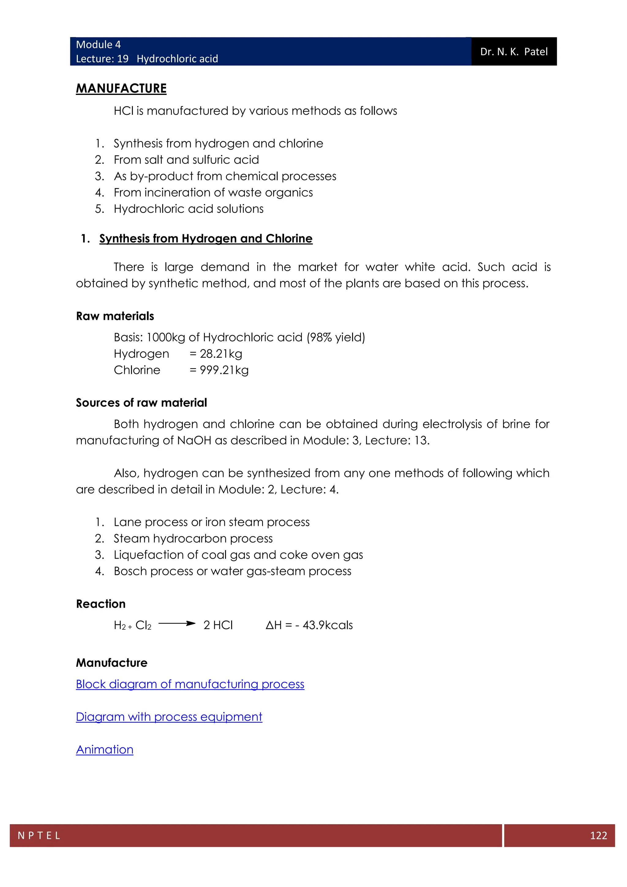 Lecture 19- Manufacturing of Hydrochloric acid from hydrogen and ...