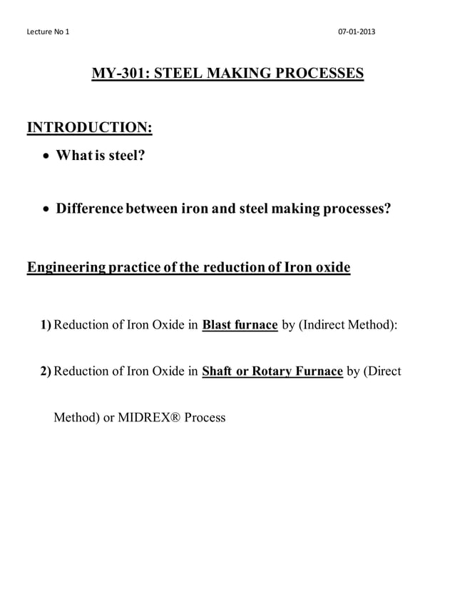 Steel Making: Lecture 1 Introduction to the subject and review of Iron ...