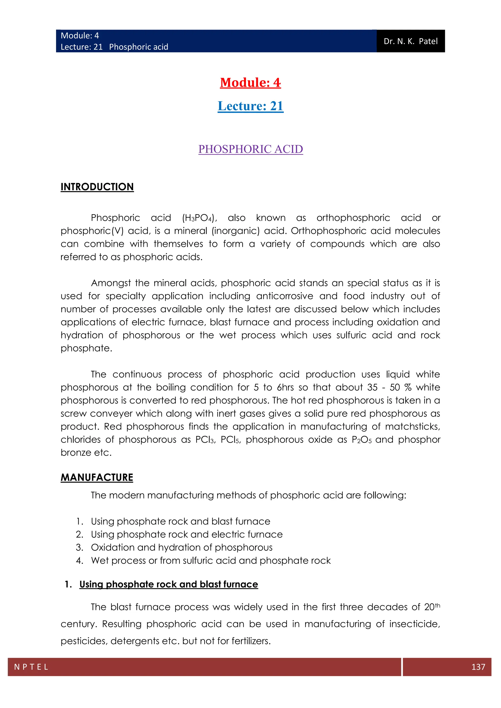 Lecture 21-Phosphoric acid (H3PO4), also known as orthophosphoric acid.pdf | Chemistry | Science