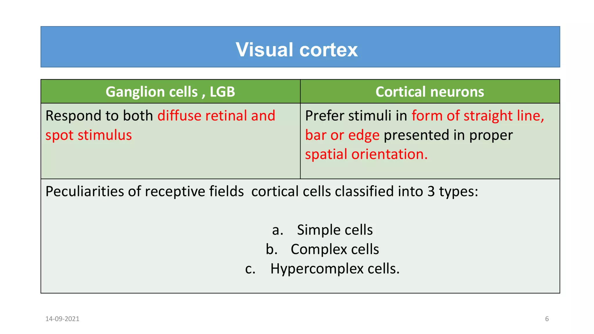 Lecture 6/2022 Special senses -Vision 6 - Physiology of vision -Visual cortex different cells ...