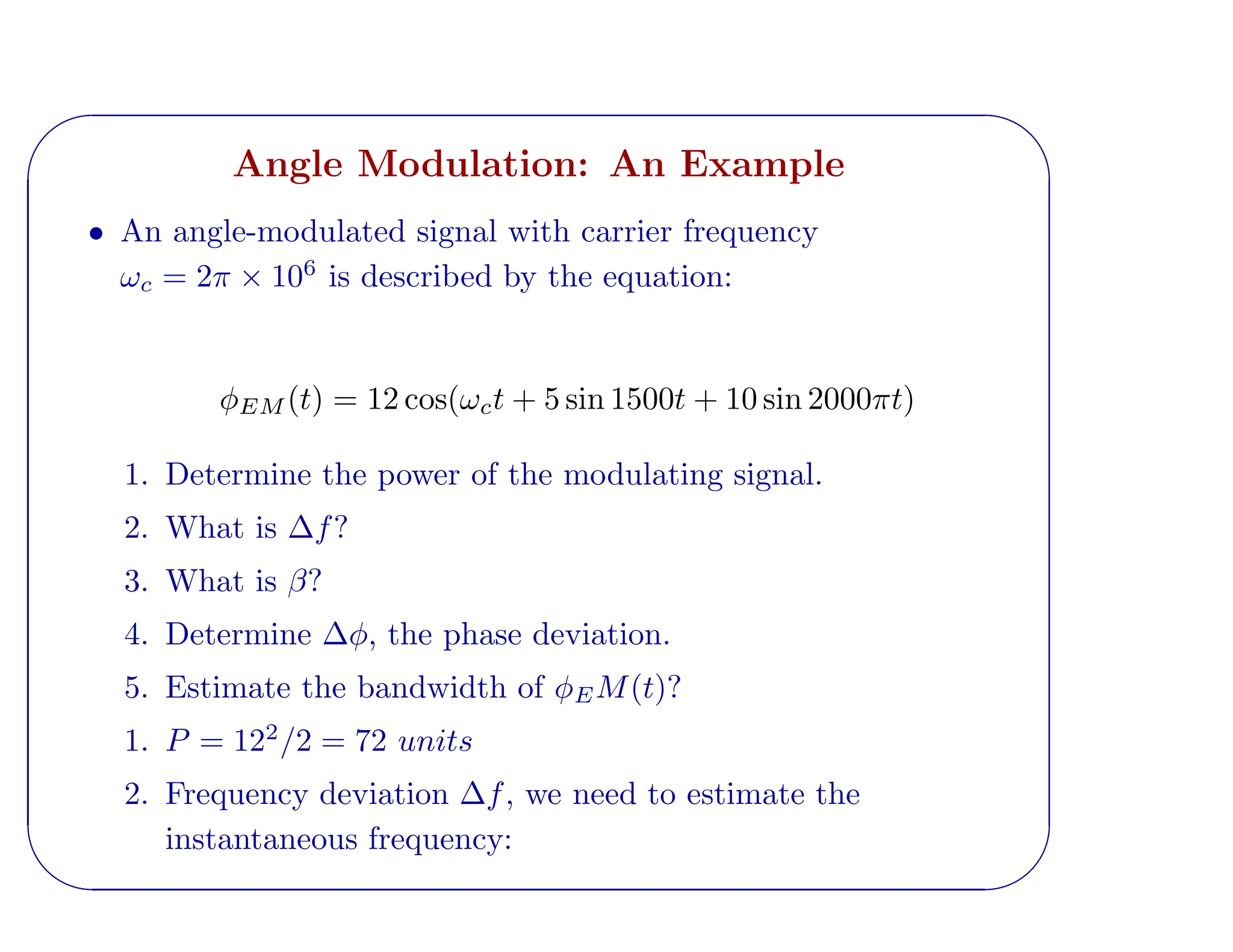 An angle modulated signal: Different Example | PPT