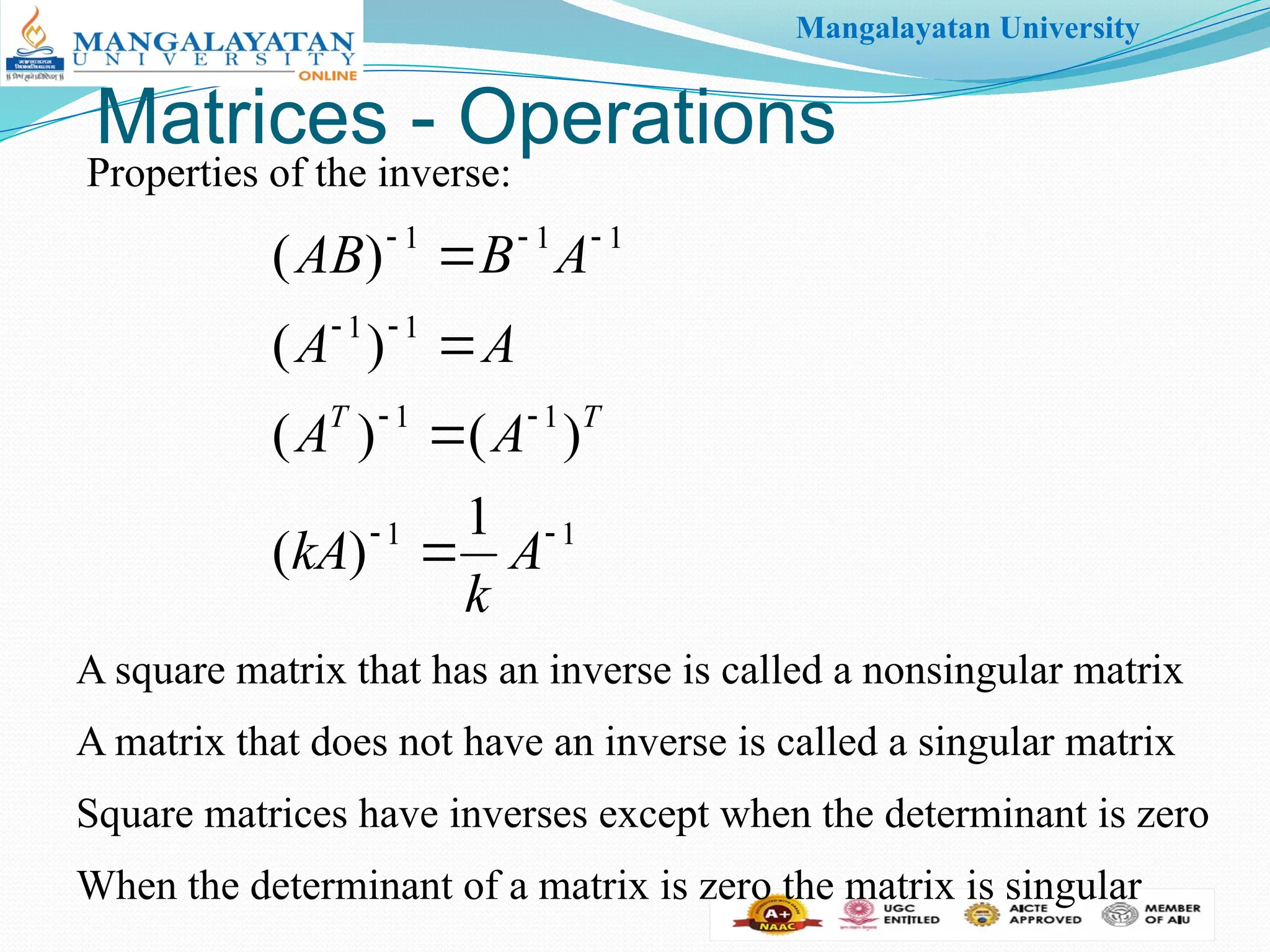 The transpose and its properties and Inverse of a Matrix | PPTX