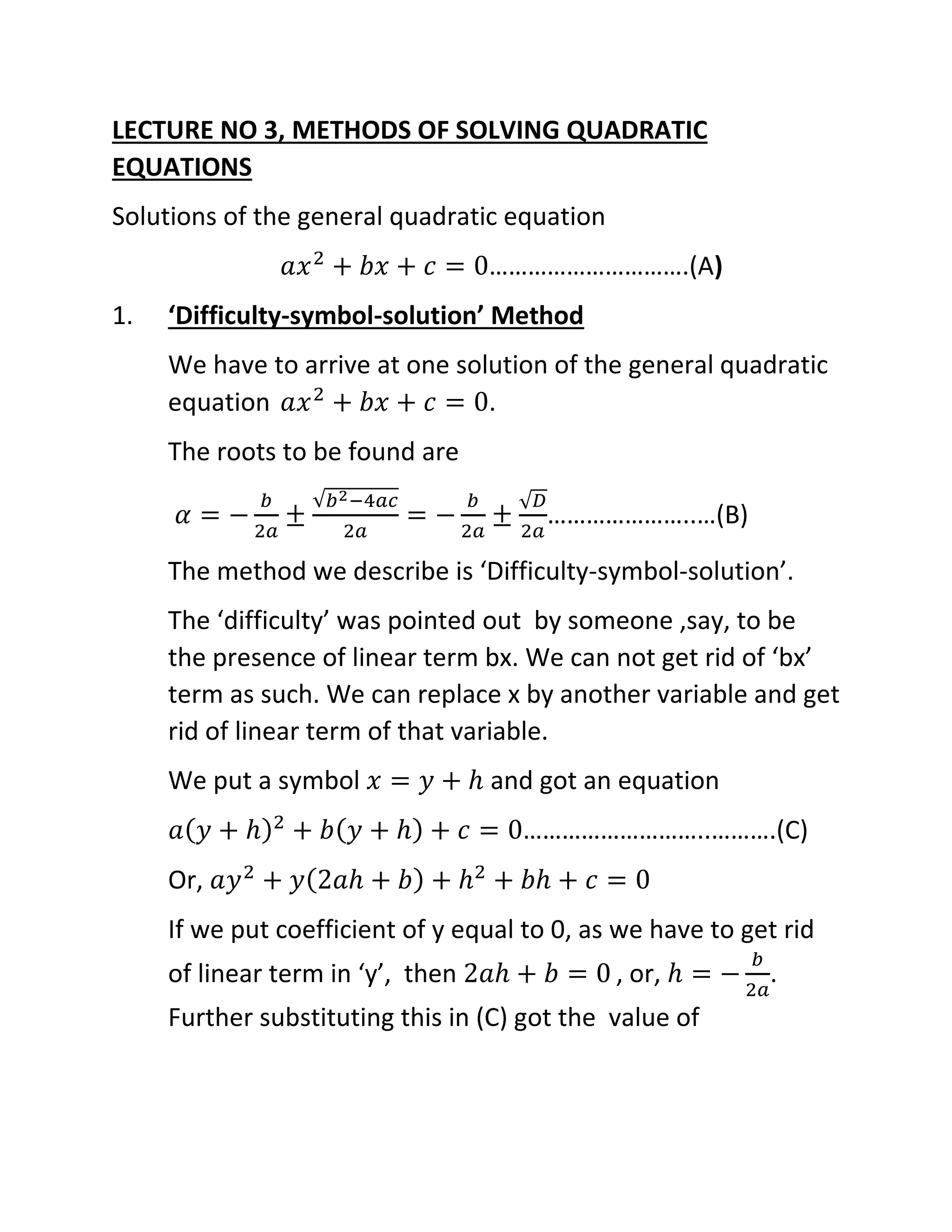 Lecture 1.3 methods of solutions of quadratic equations | PDF