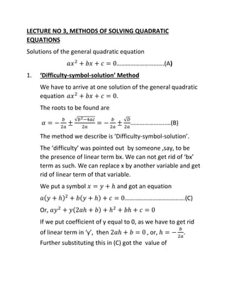 Lecture 1.3 methods of solutions of quadratic equations | PDF