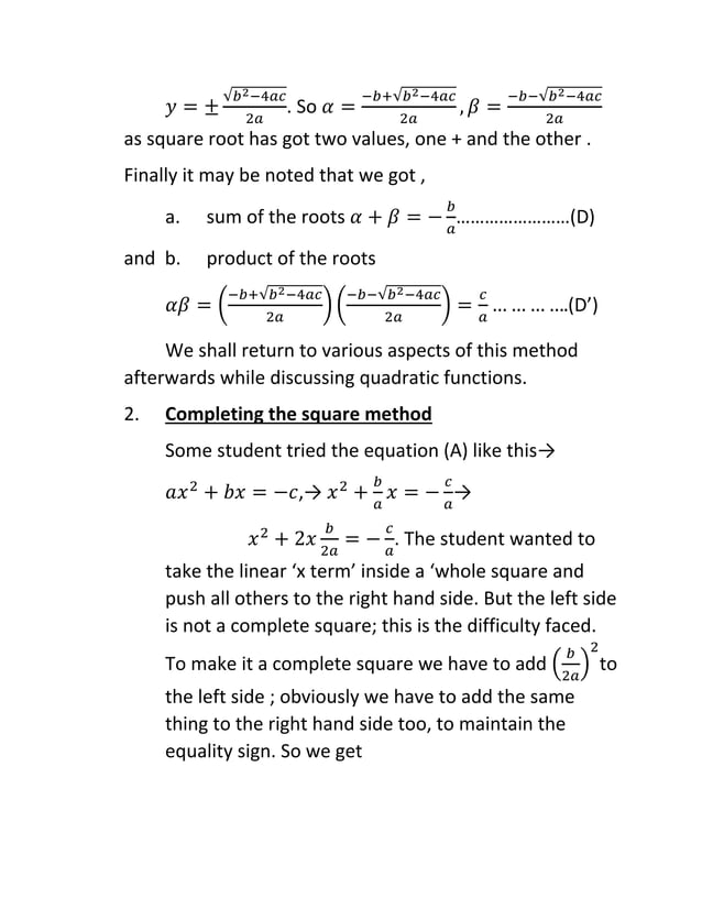 Lecture 1.3 methods of solutions of quadratic equations | PDF