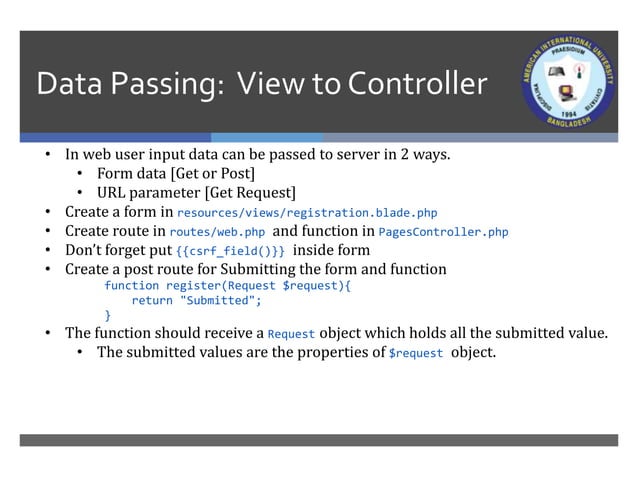 Lecture 4_Laravel Controller and Data Pass-Route.pptx Lecture 4_Laravel Controller and Data Pass-Route.pptx