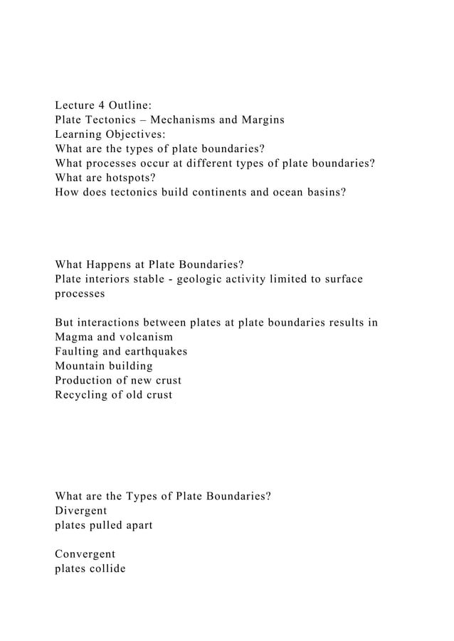 Lecture 4 Outline Plate Tectonics – Mechanisms and MarginsL.docx
