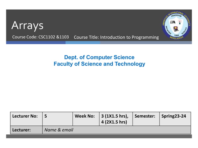 Lecture 5Arrays on c++ for Beginner.pptx | Programming Languages | Computing