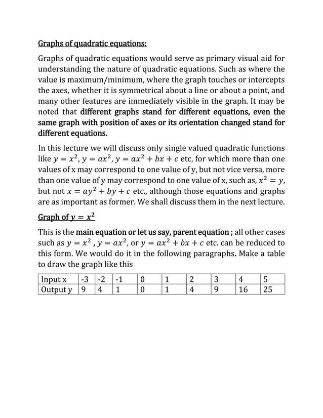 Lecture 5.1.5 graphs of quadratic equations | PDF
