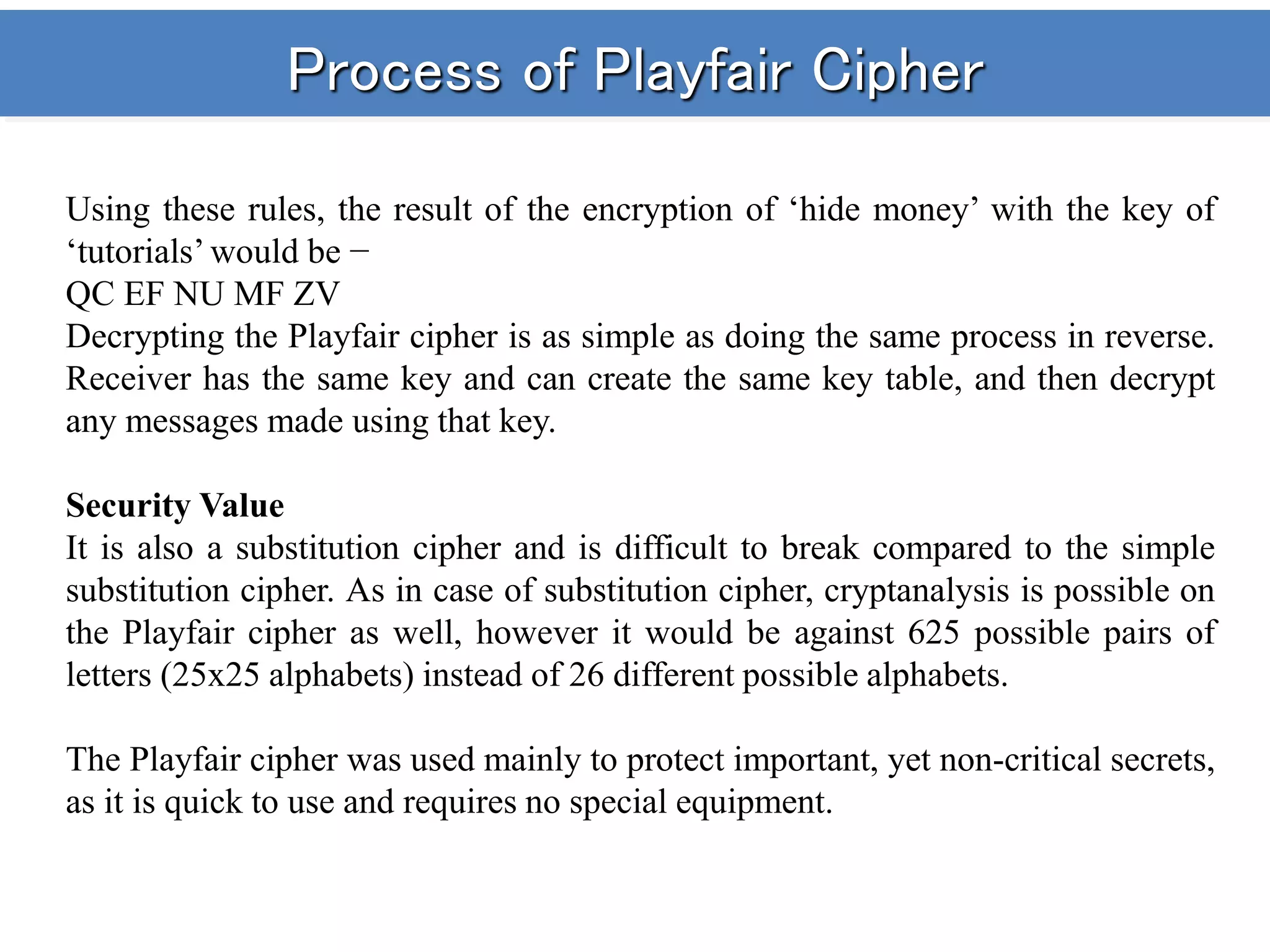 Caesar Cipher , Substitution Cipher, PlayFair and Vigenere Cipher | PDF