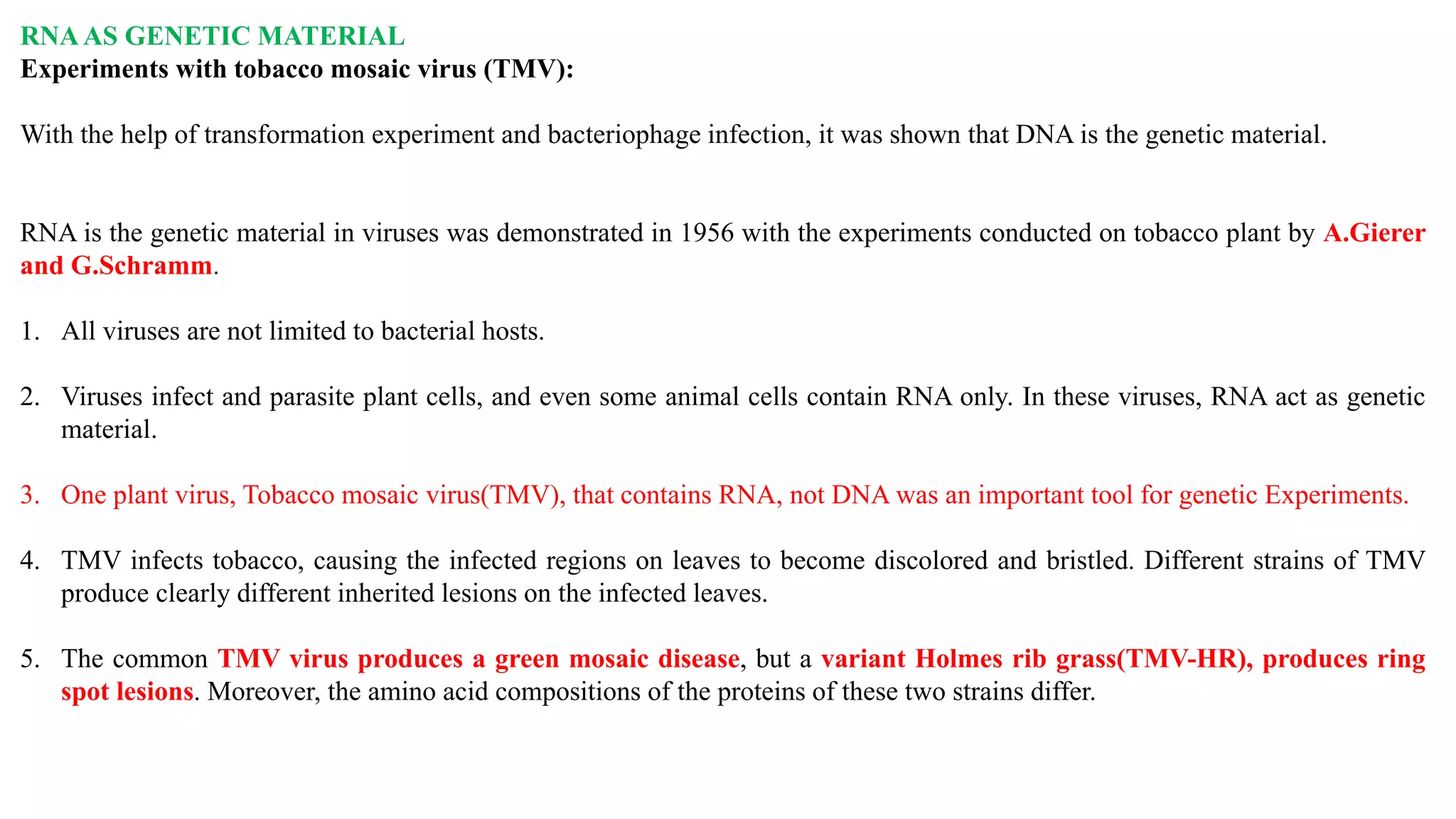 Experimental evidence to Prove RNA as genetic material | PDF