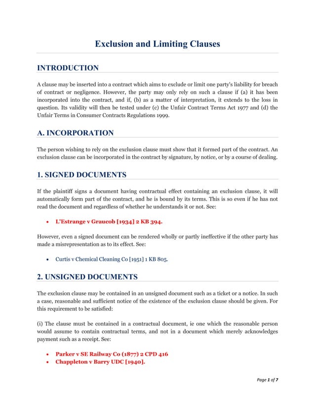 Lecture 8 Exclusion and Limiting Clauses - Notes | DOCX | Law
